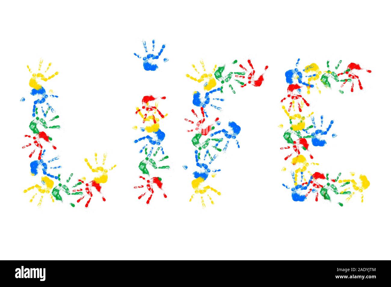 The word LIFE from multi-colored handprints. Word LIFE. Isolated on ...