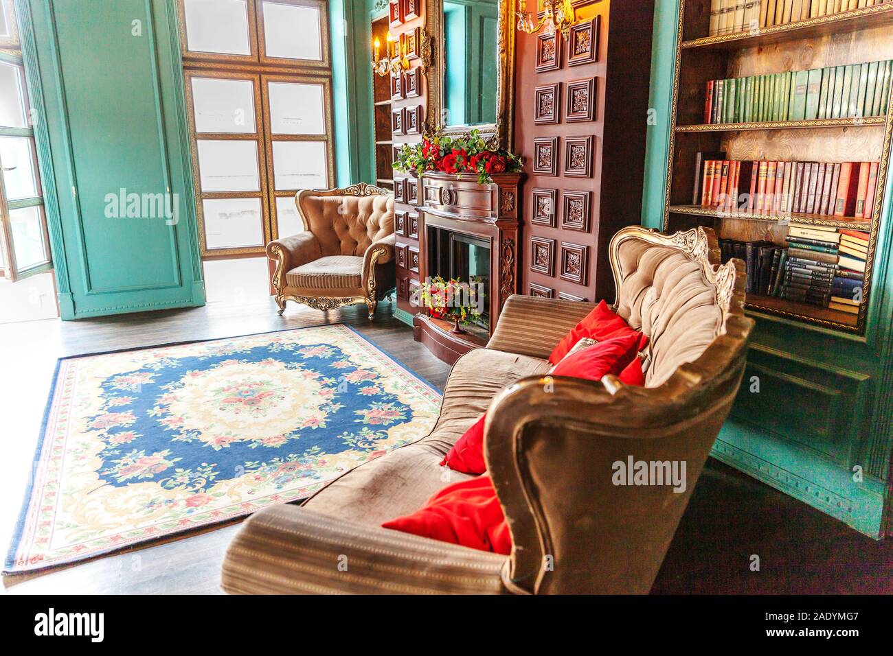 Luxury classic interior of home library. Sitting room with bookshelf ...