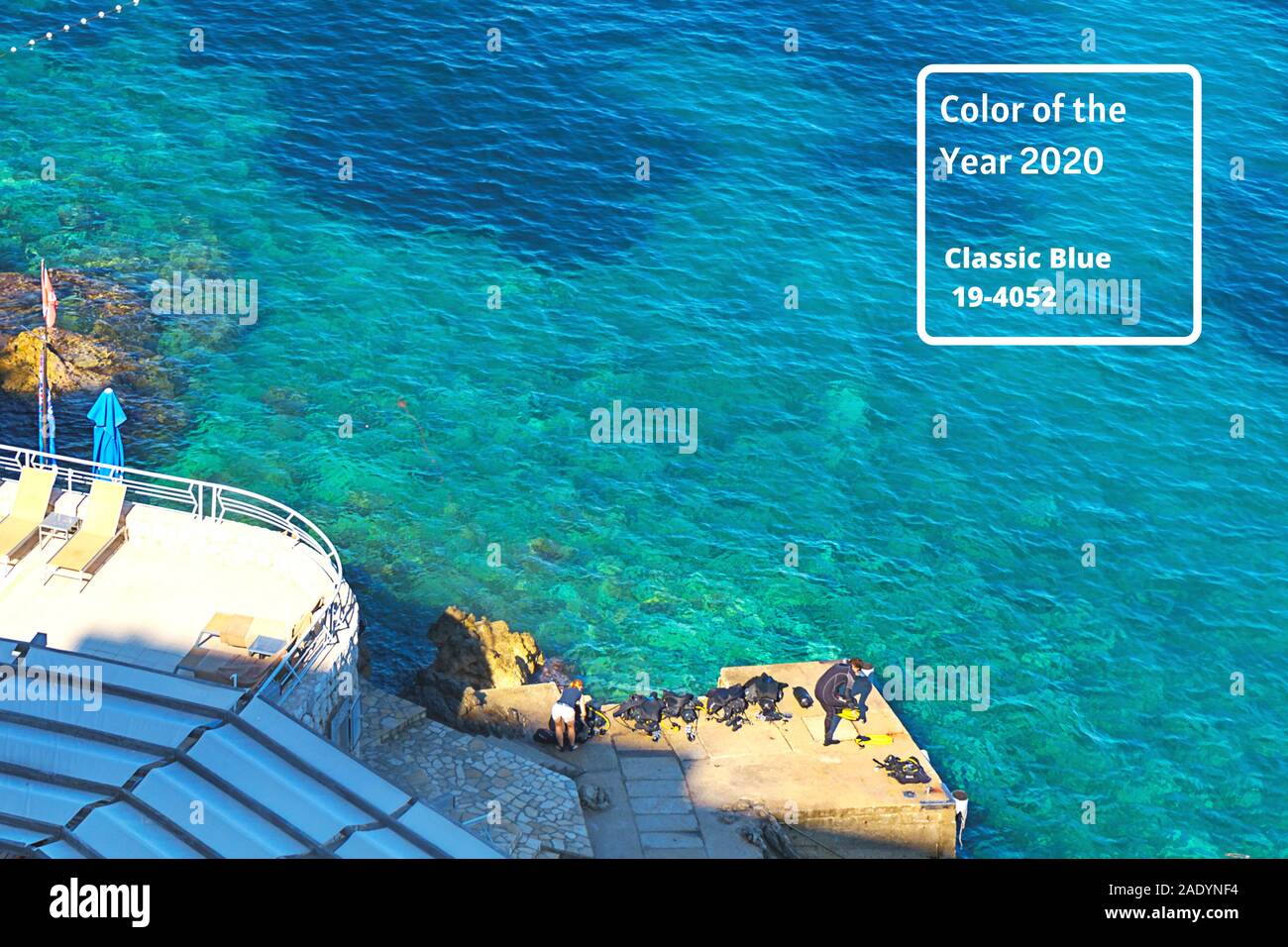 Classic Blue color of the Year 2020 inscription. Blue sea background ...