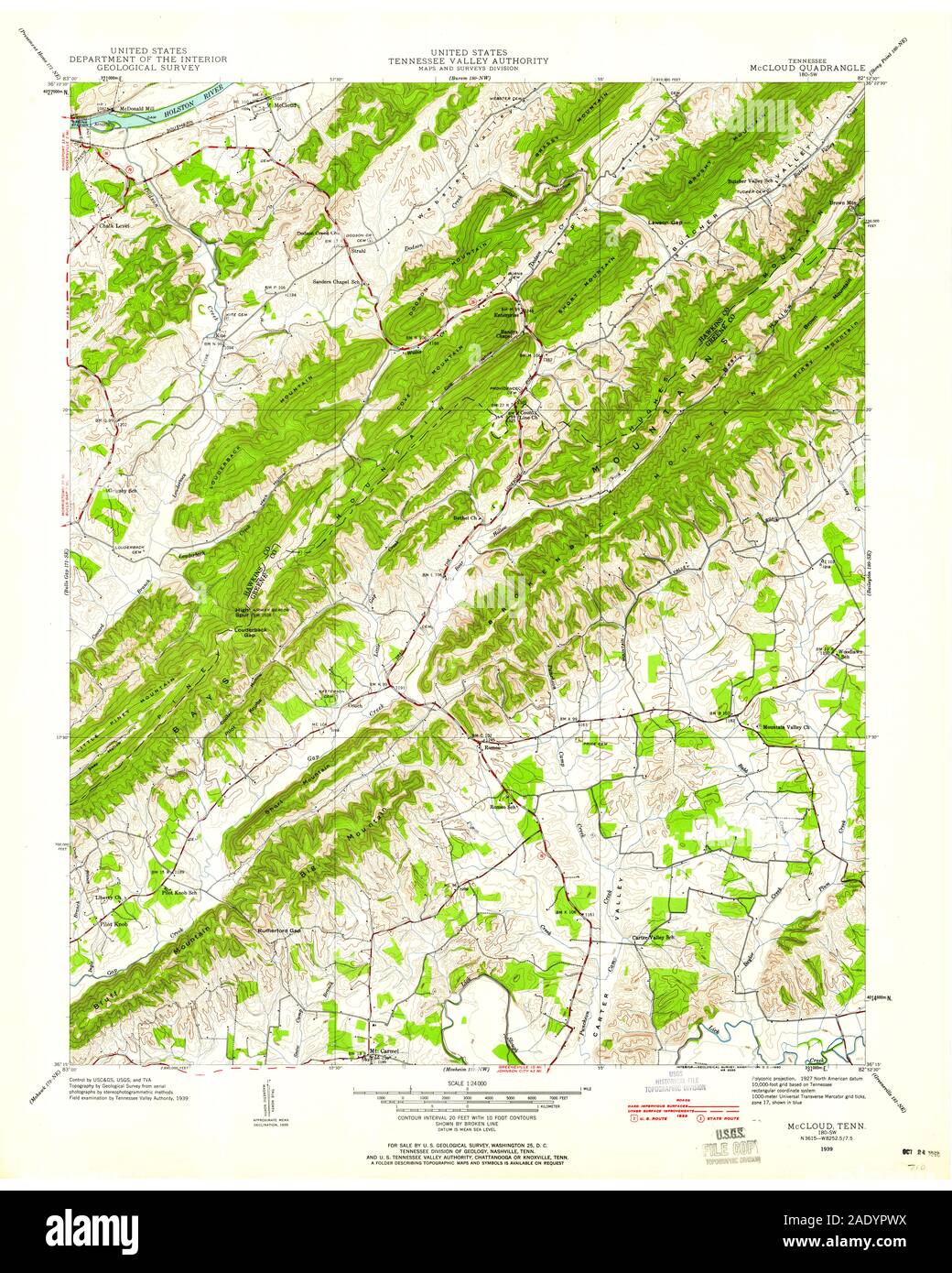 USGS TOPO Map Tennessee TN Mc Cloud 149108 1939 24000 Restoration Stock ...
