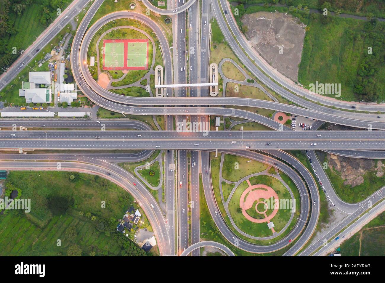 Aerial view of highway junctions Top view of Urban city, Bangkok at ...