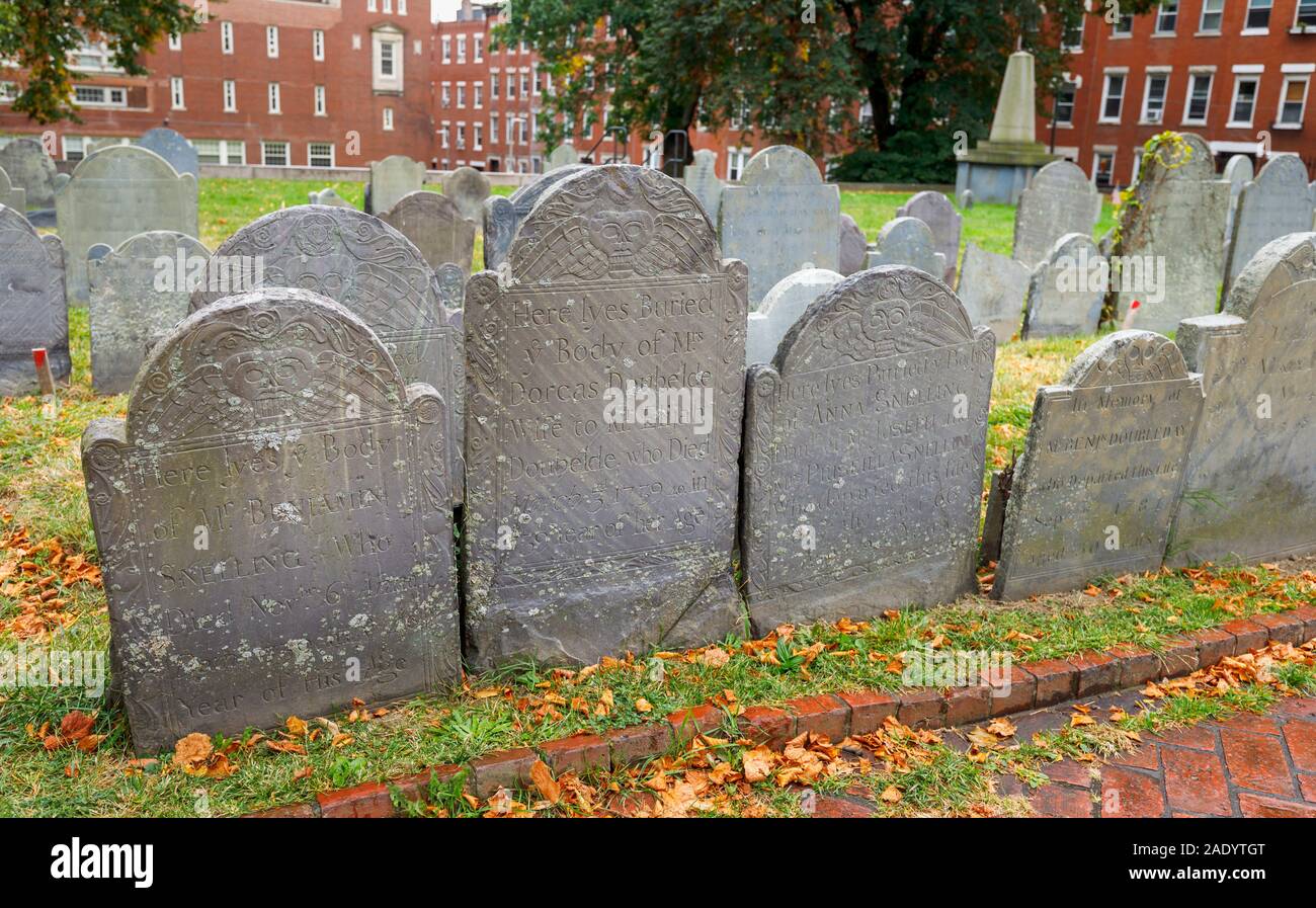 Gravestones at Copp's Hill Burying Ground, Boston, Massachusetts, New England, USA, established ...