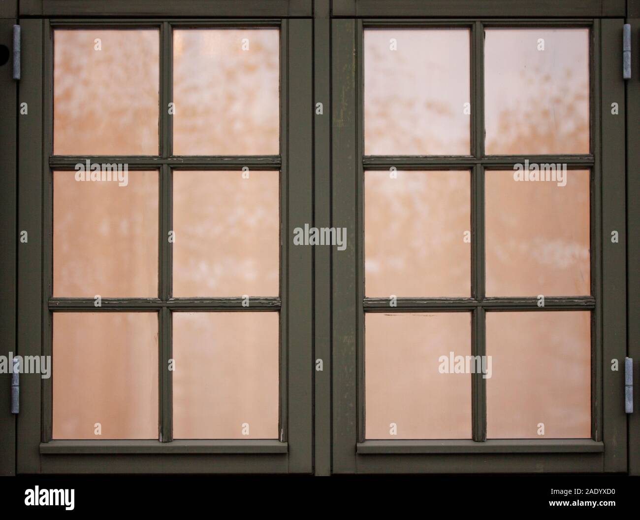 Old vintage wooden windows with 12 frames. Outside view and light ...