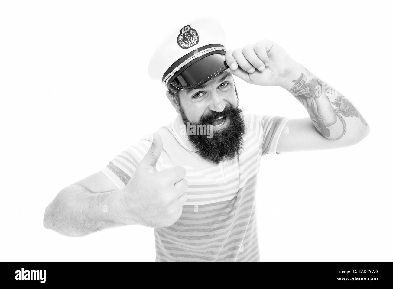 Welcome aboard. Sailor man give salute and thumbs up. Bearded man ...