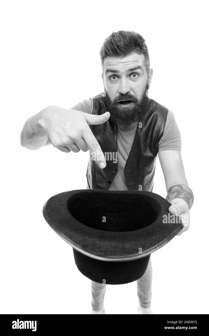 Begging for something. Begging man with old fashioned hat. Bearded man ...