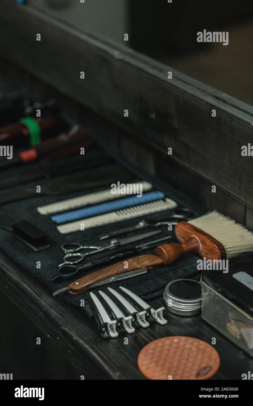 Vertical image of barber equipment on the counter Stock Photo - Alamy