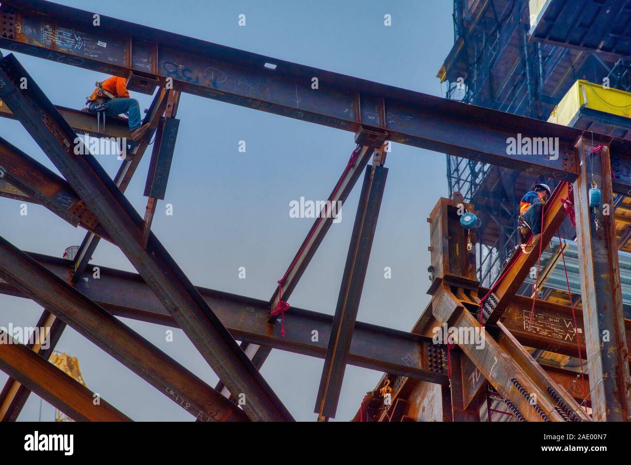 Steel beam construction workers on high rise office building in Hudson ...