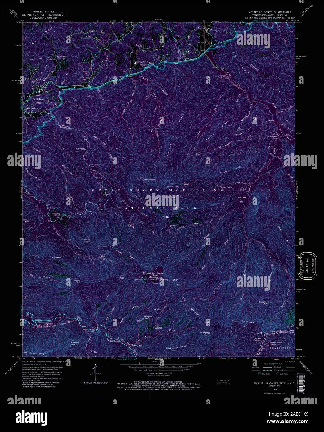 USGS TOPO Map Tennessee TN Mount Le Conte 148597 1964 24000 Inverted ...