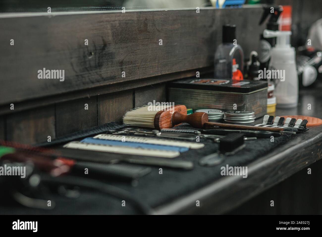 Close up of brushes and comps on barber counter Stock Photo - Alamy