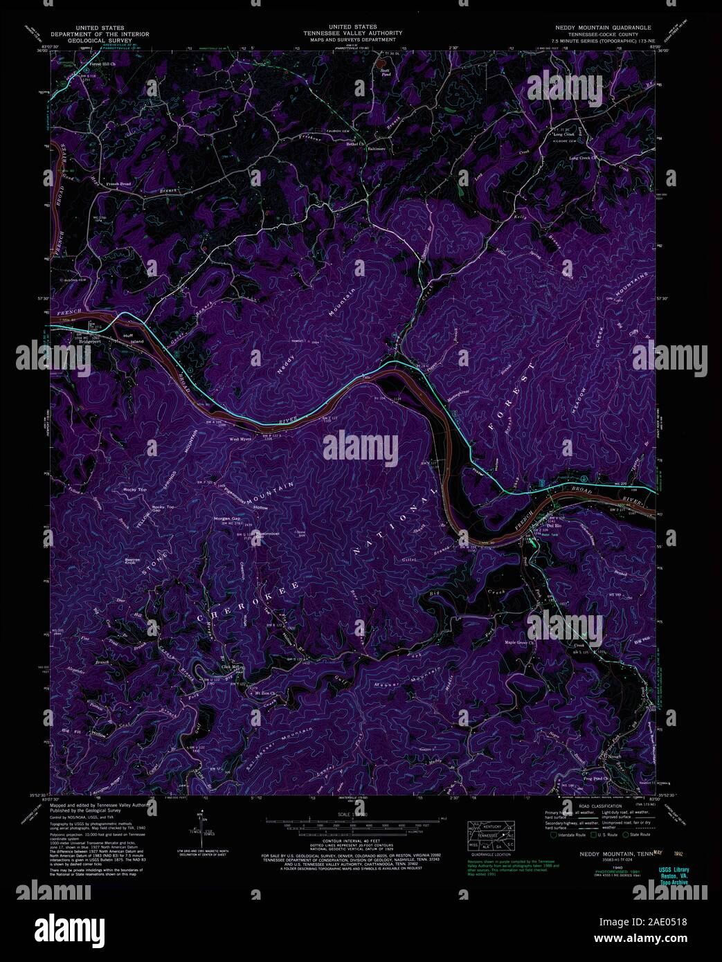 USGS TOPO Map Tennessee TN Neddy Mountain 148610 1940 24000 Inverted ...