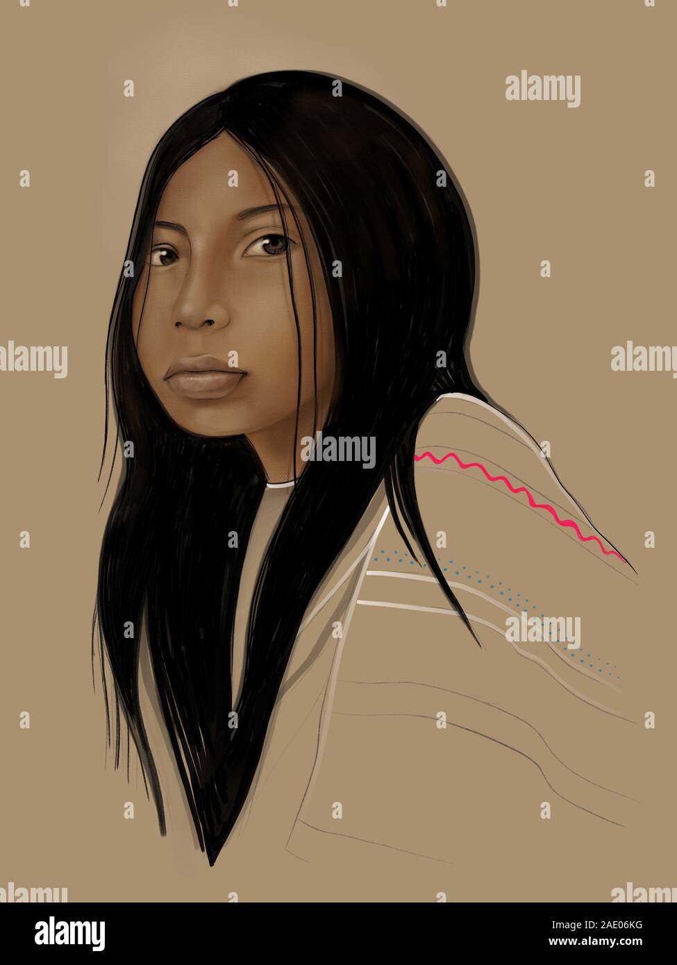 Hand drawn illustration or drawing of an indigenous girl portrait Stock ...