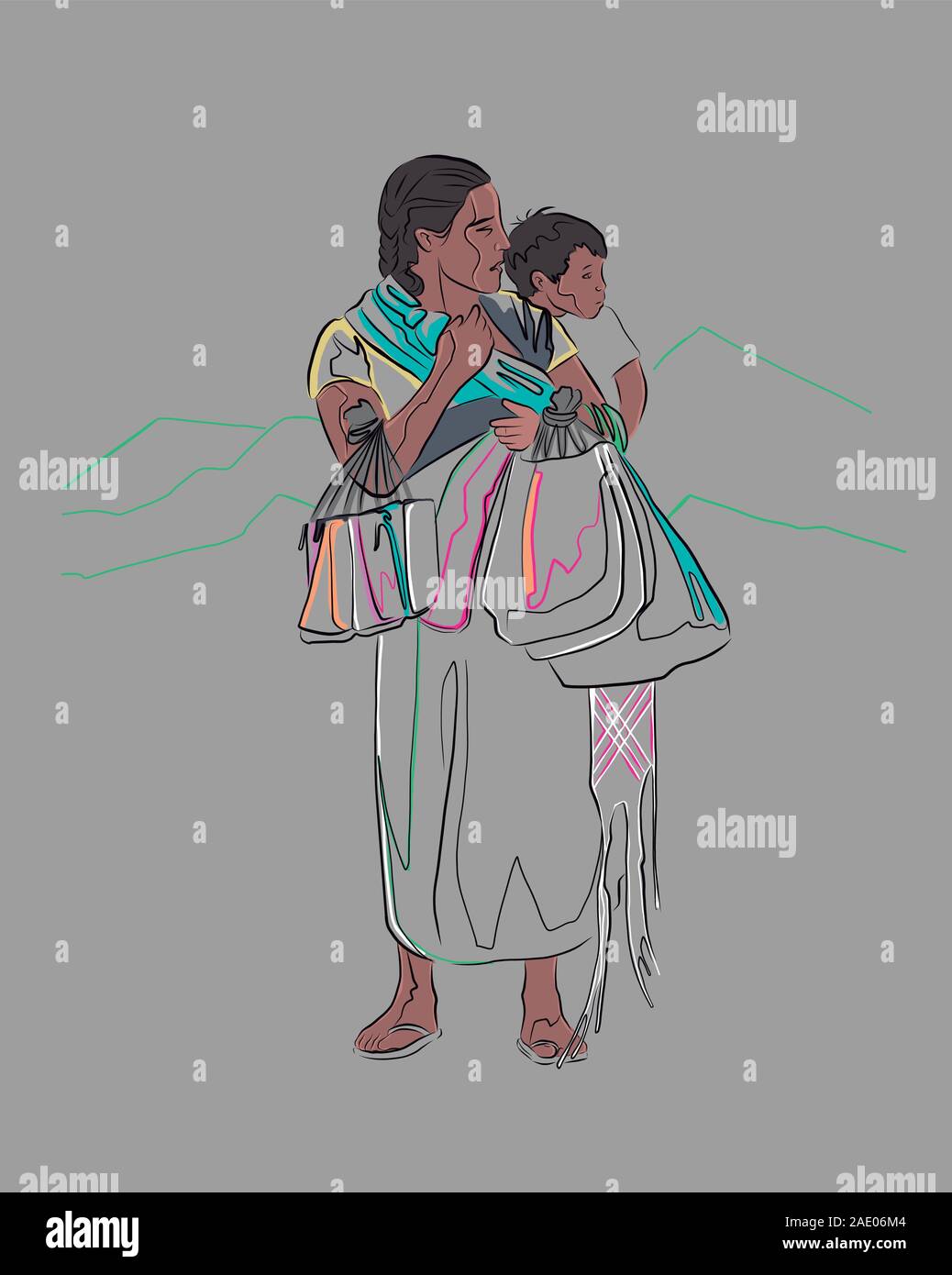 Hand drawn vector illustration or drawing of an indigenous woman and a ...