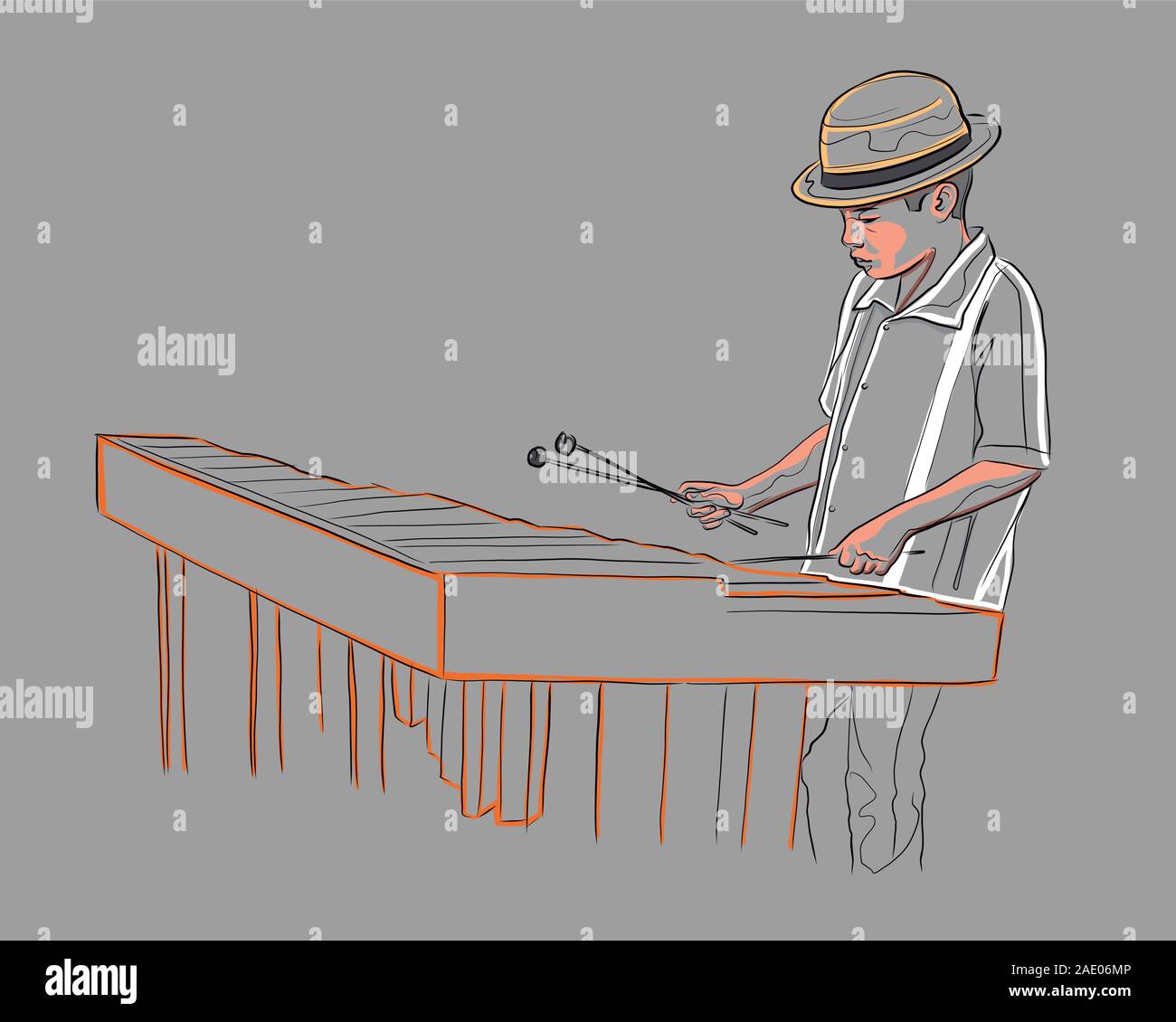Hand drawn vector illustration or drawing of young musician playing the ...