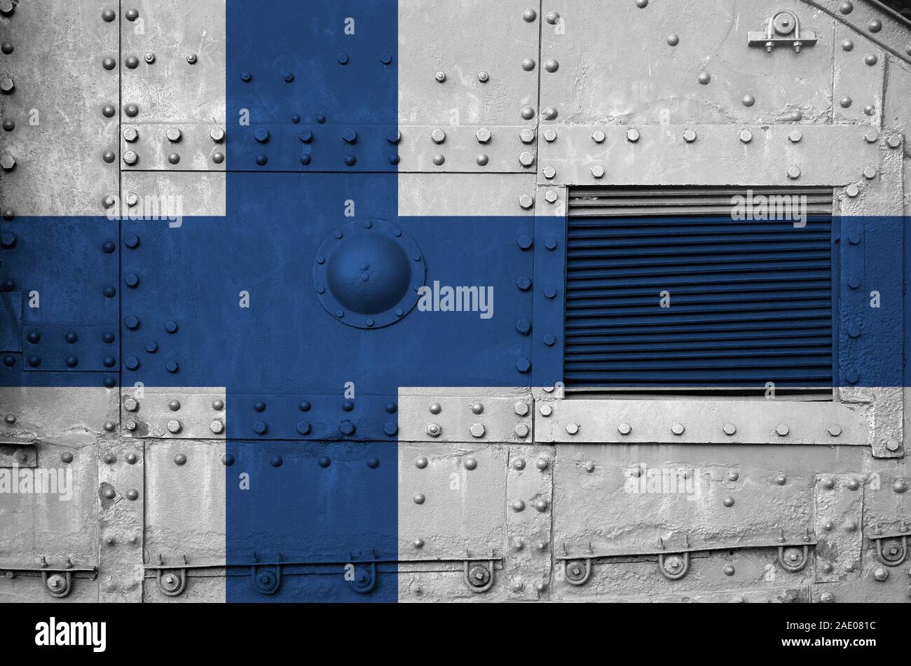 Finland flag depicted on side part of military armored tank close up ...