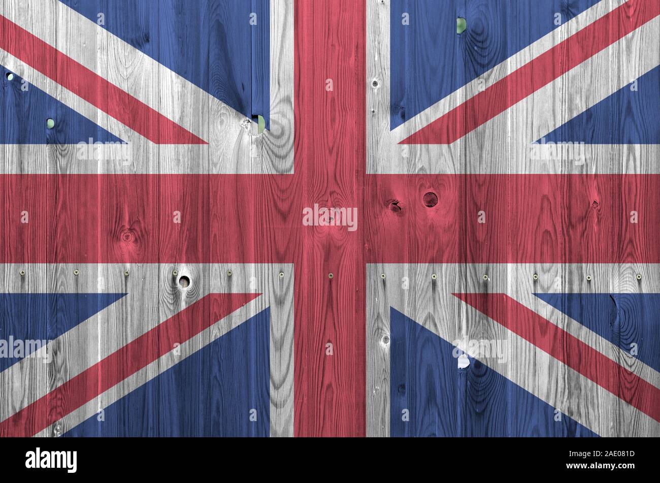 Great britain flag depicted in bright paint colors on old wooden wall ...