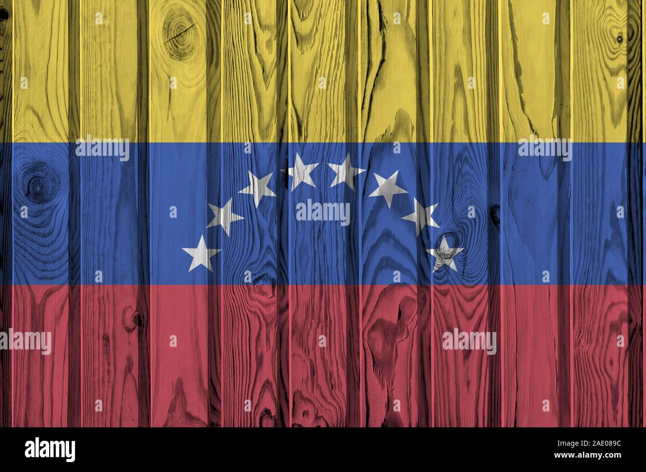 Venezuela flag depicted in bright paint colors on old wooden wall close ...