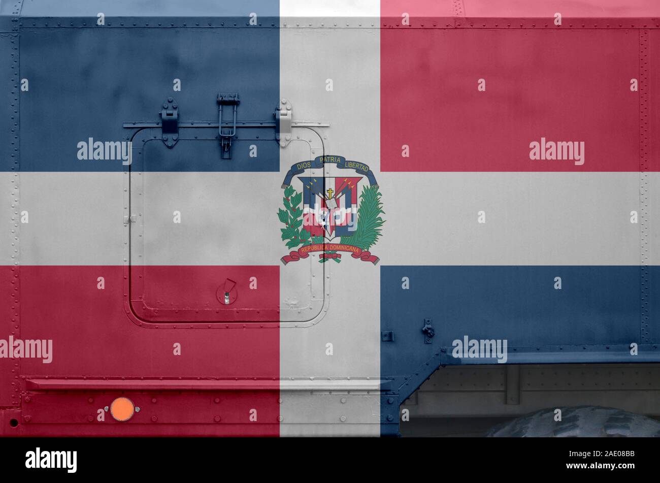 Dominican Republic flag depicted on side part of military armored truck ...