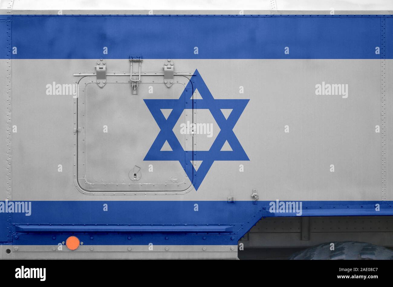Israel flag depicted on side part of military armored truck close up ...
