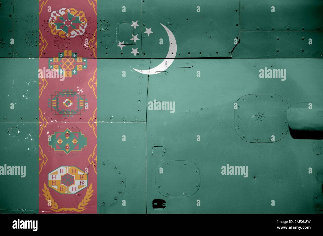 Turkmenistan flag depicted on side part of military armored helicopter ...