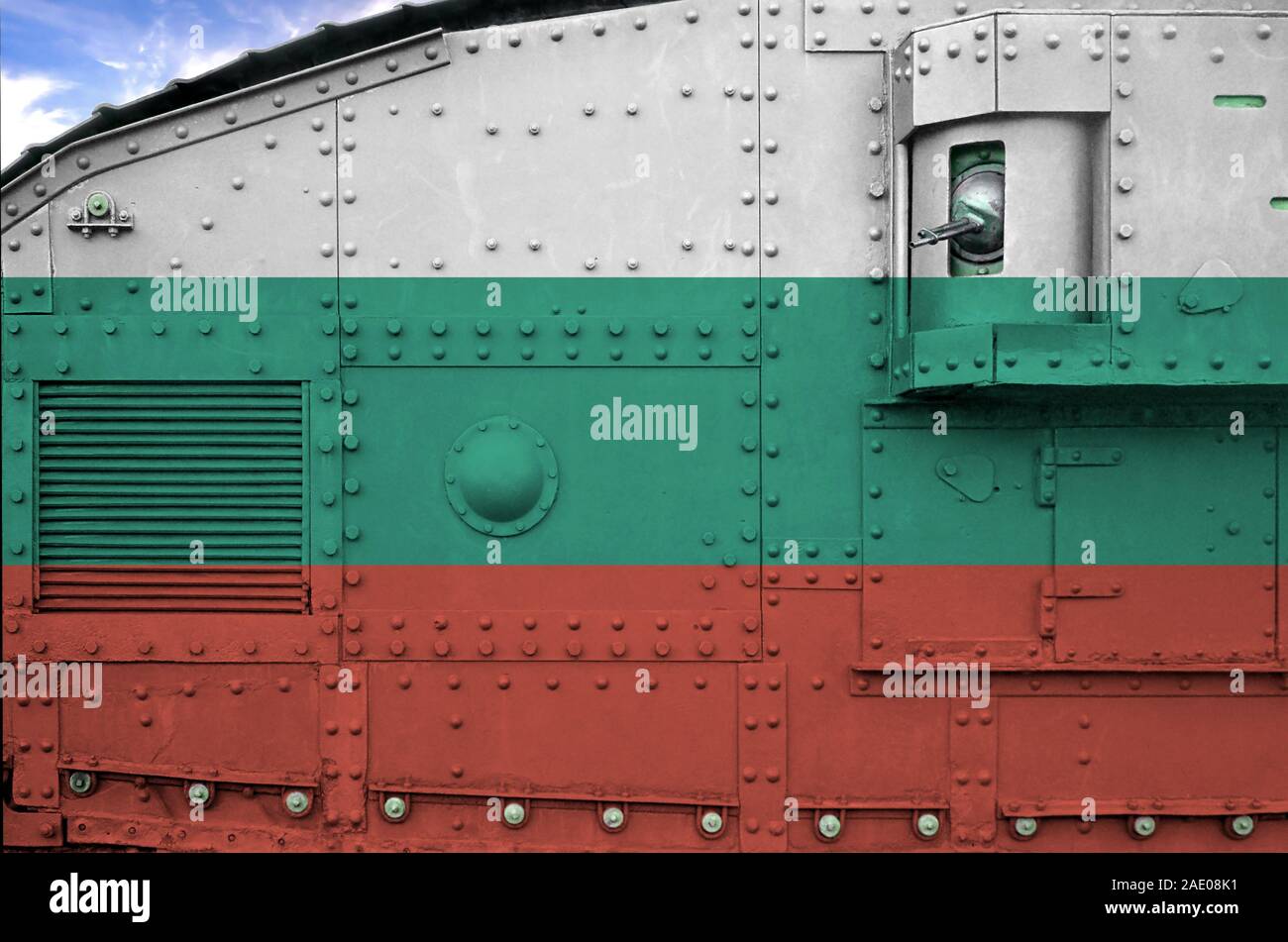 Bulgaria flag depicted on side part of military armored tank close up ...