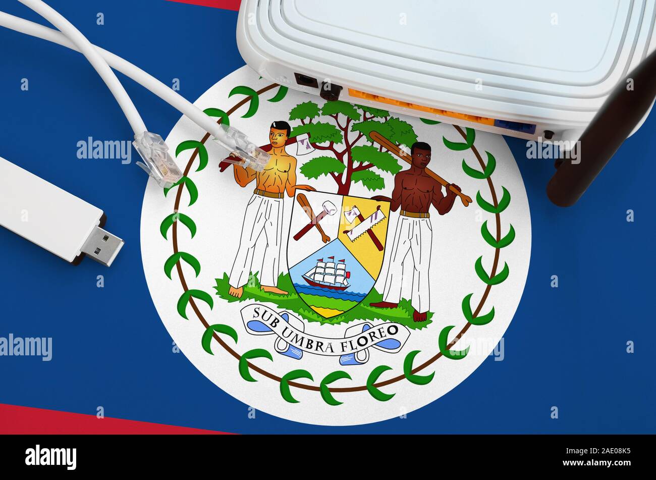 Belize flag depicted on table with internet rj45 cable, wireless usb wi ...