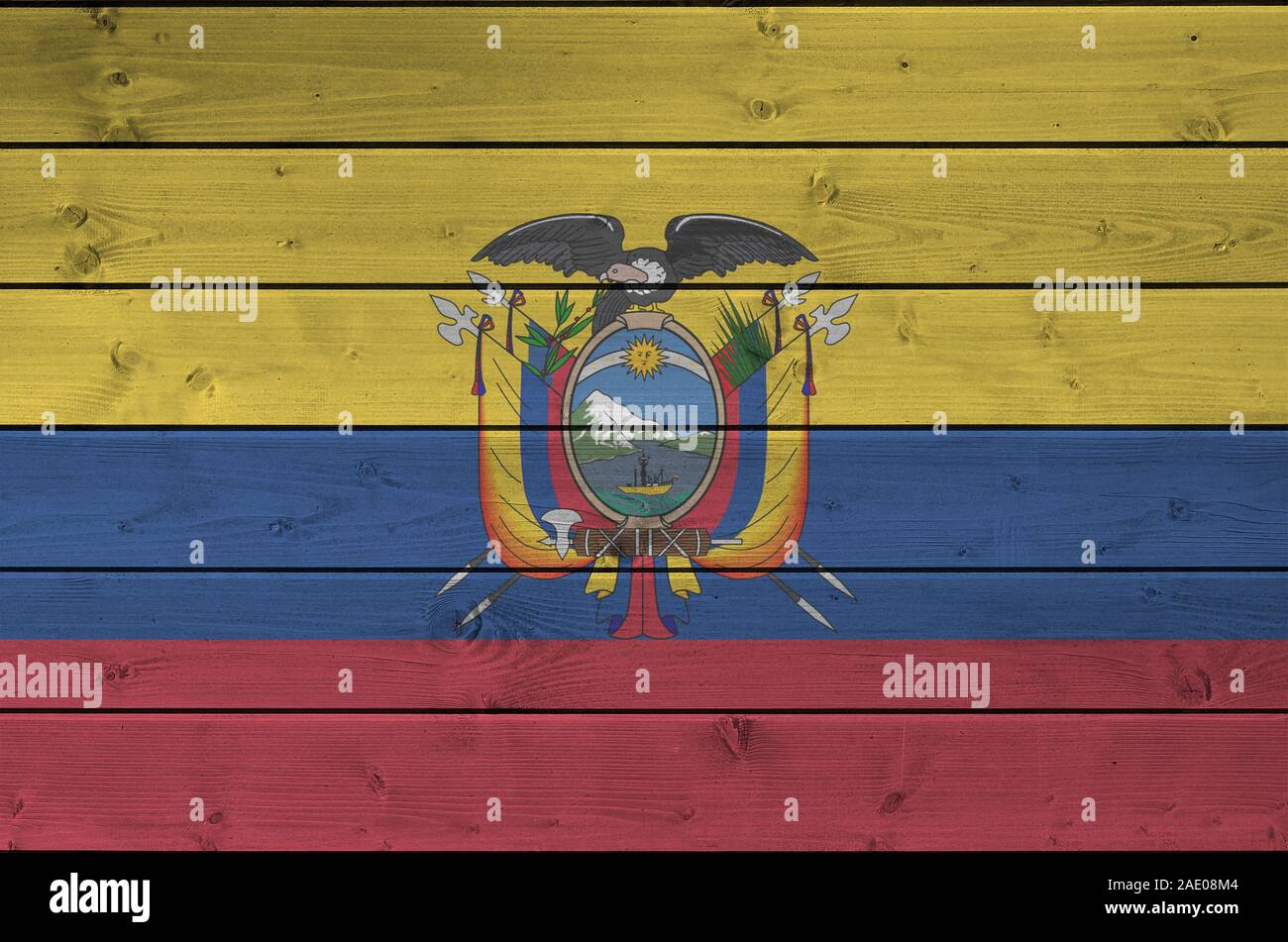Ecuador flag depicted in bright paint colors on old wooden wall close ...