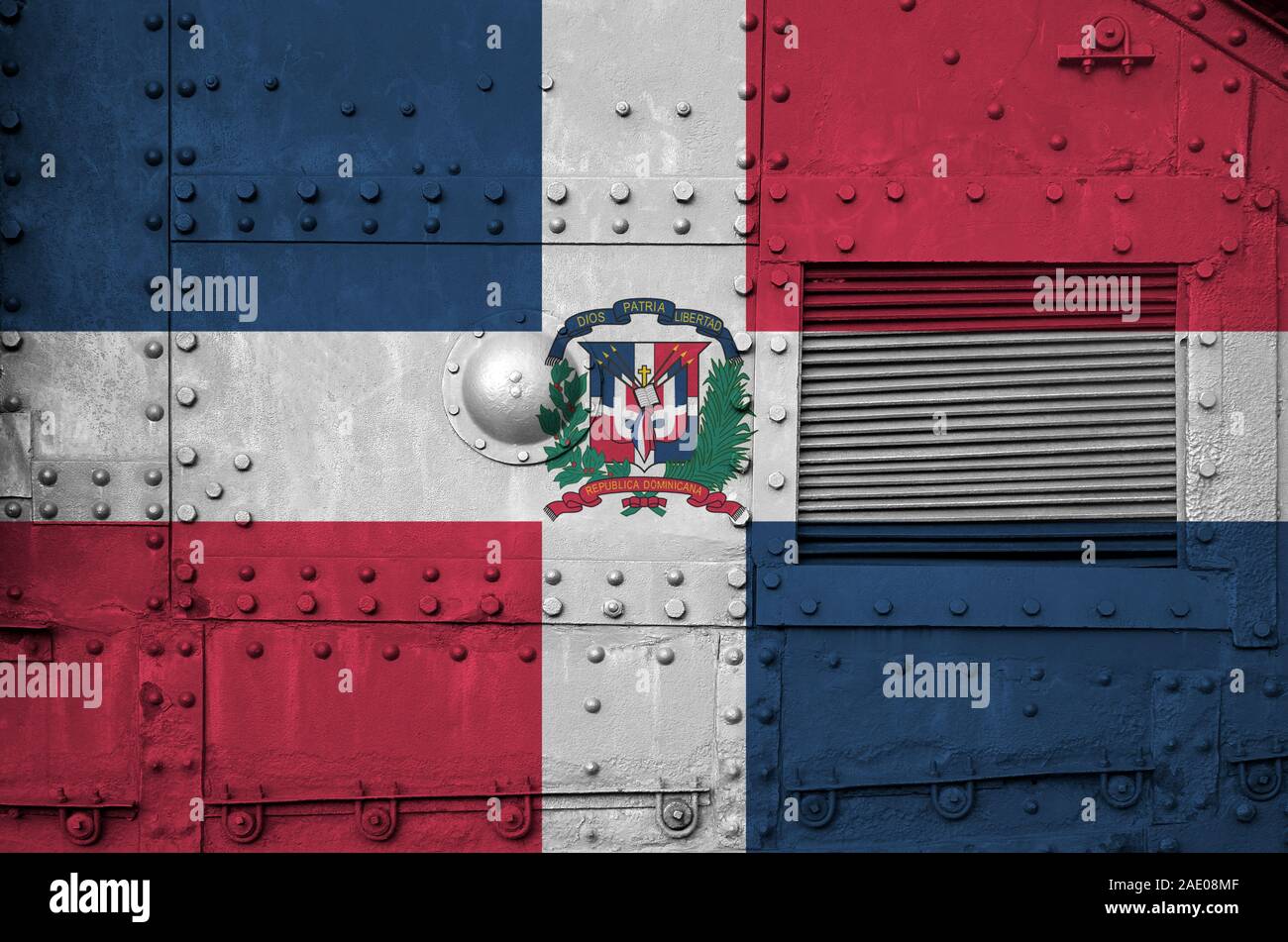Dominican Republic flag depicted on side part of military armored tank ...