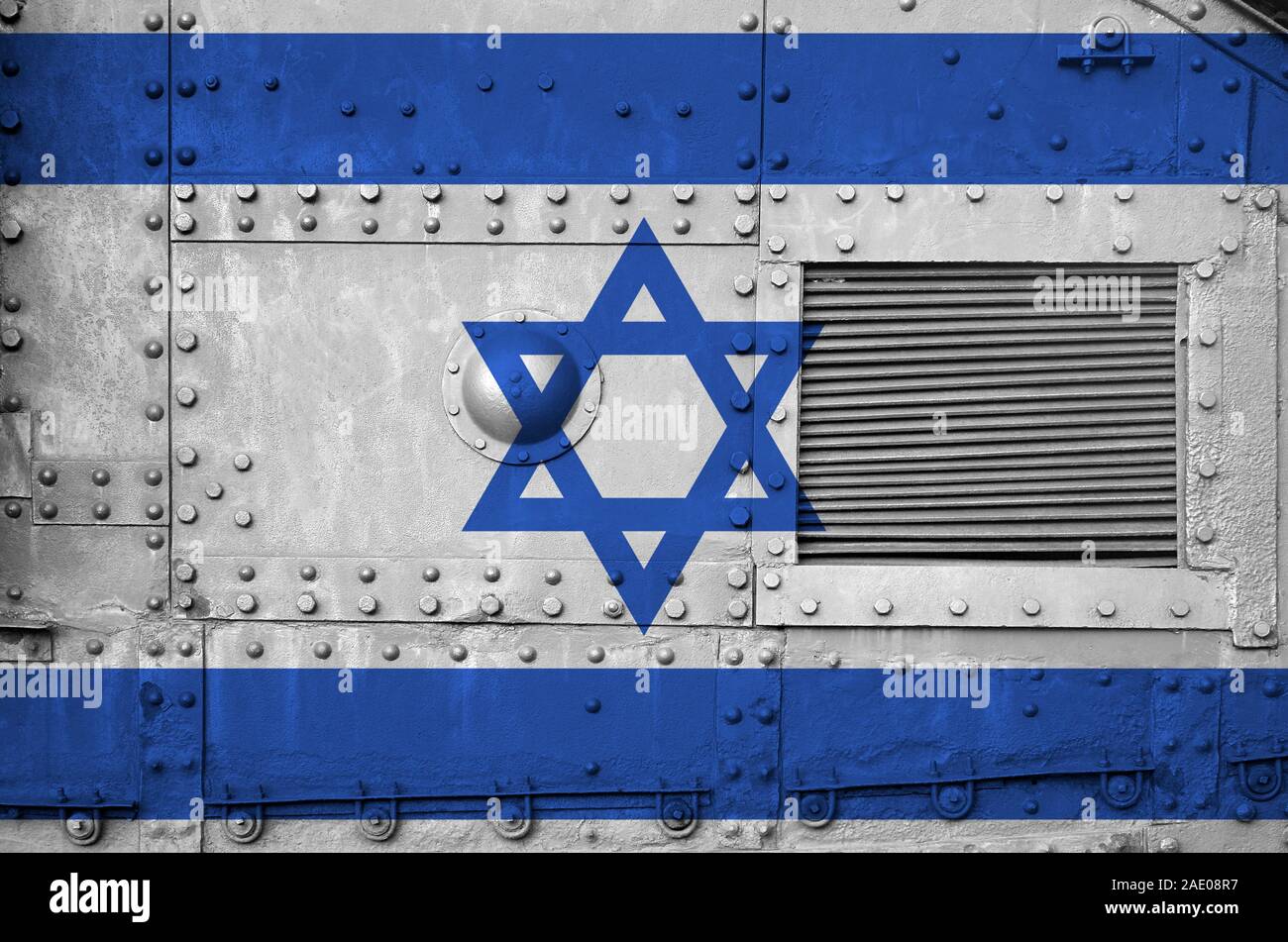 Israel flag depicted on side part of military armored tank close up ...