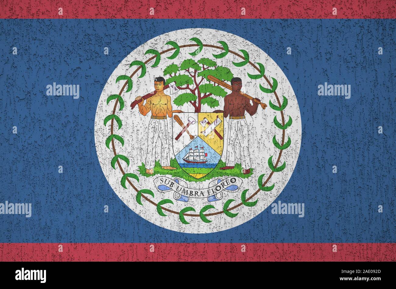 Belize flag depicted in bright paint colors on old relief plastering ...
