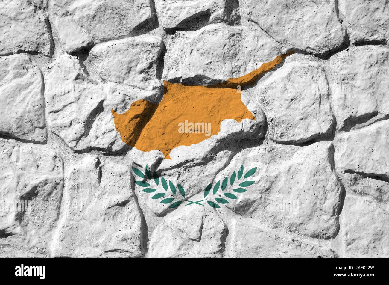 Cyprus flag depicted in paint colors on old stone wall close up ...