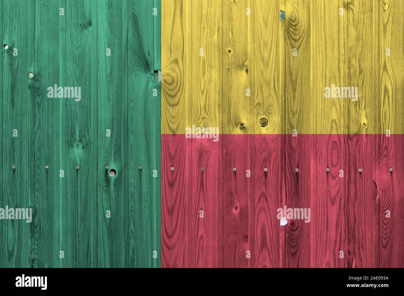 Benin flag depicted in bright paint colors on old wooden wall close up ...