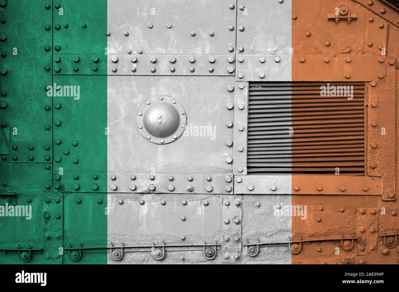 Ireland flag depicted on side part of military armored tank close up ...