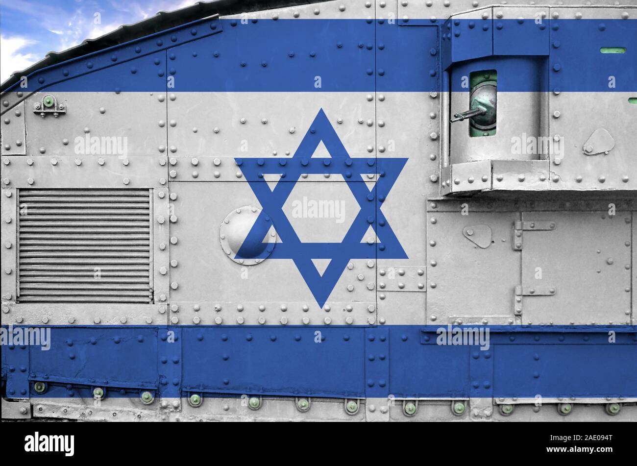 Israel flag depicted on side part of military armored tank close up ...