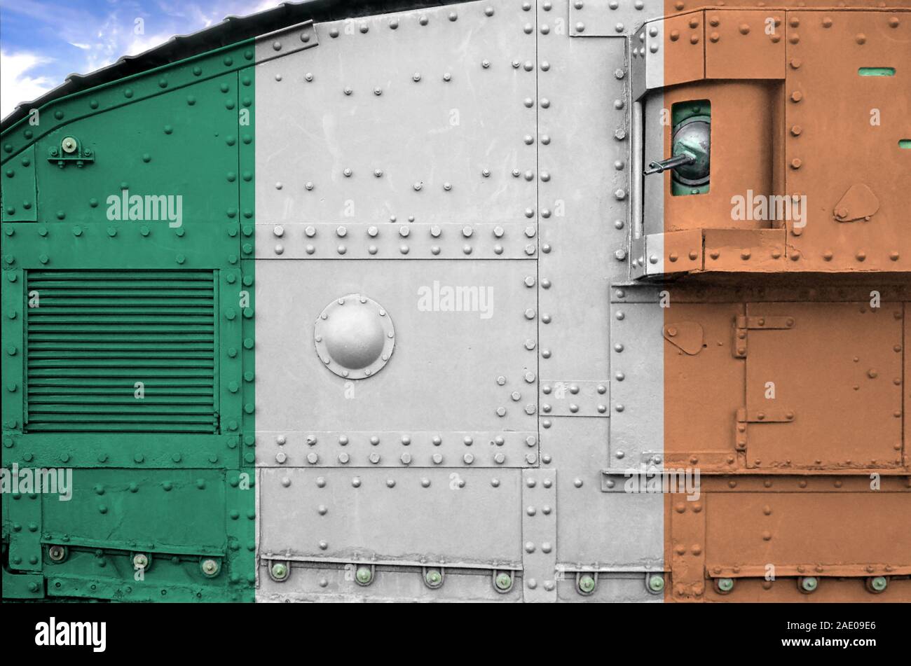 Ireland flag depicted on side part of military armored tank close up ...