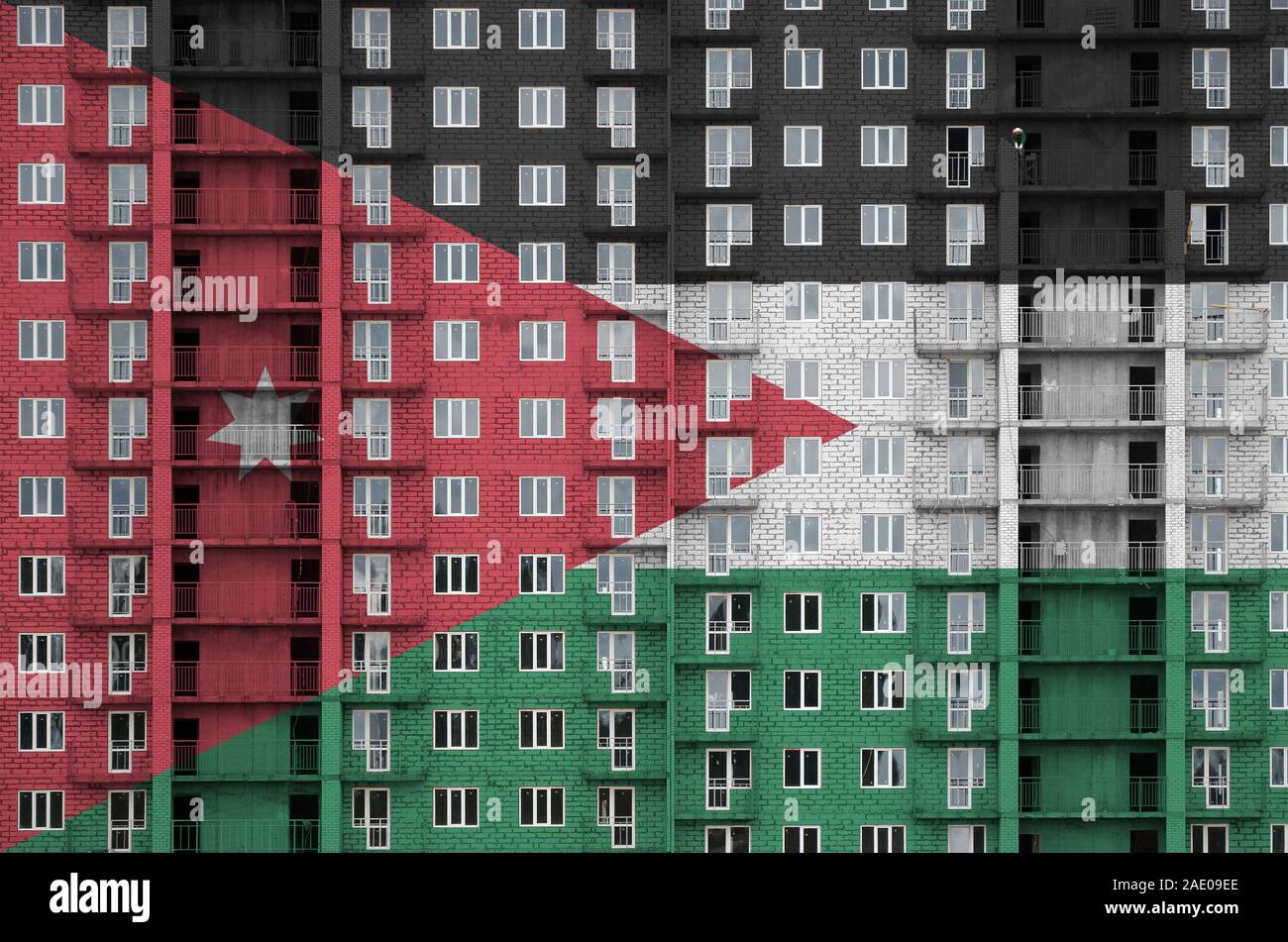 Jordan flag depicted in paint colors on multi-storey residental ...