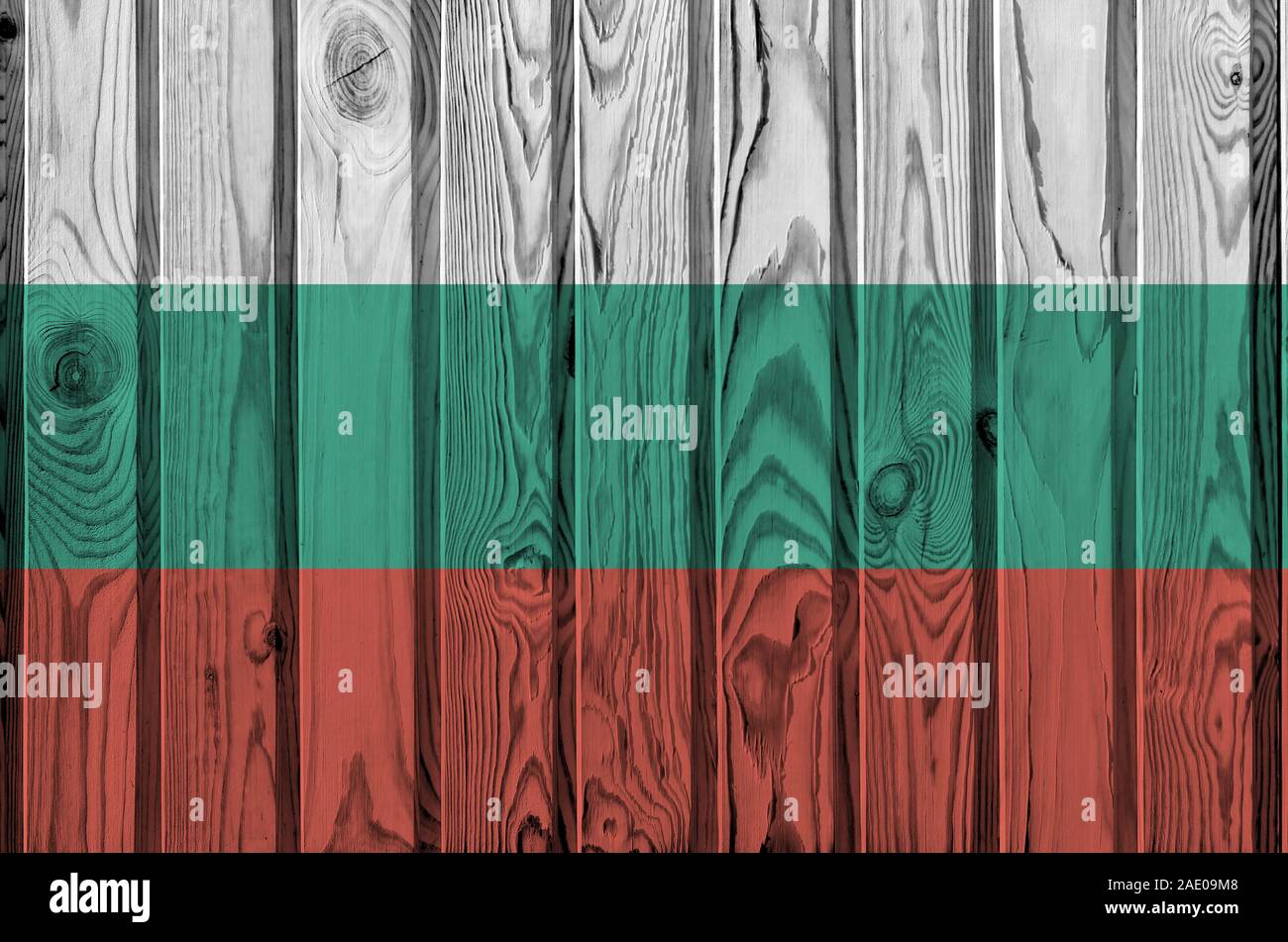 Bulgaria flag depicted in bright paint colors on old wooden wall close ...