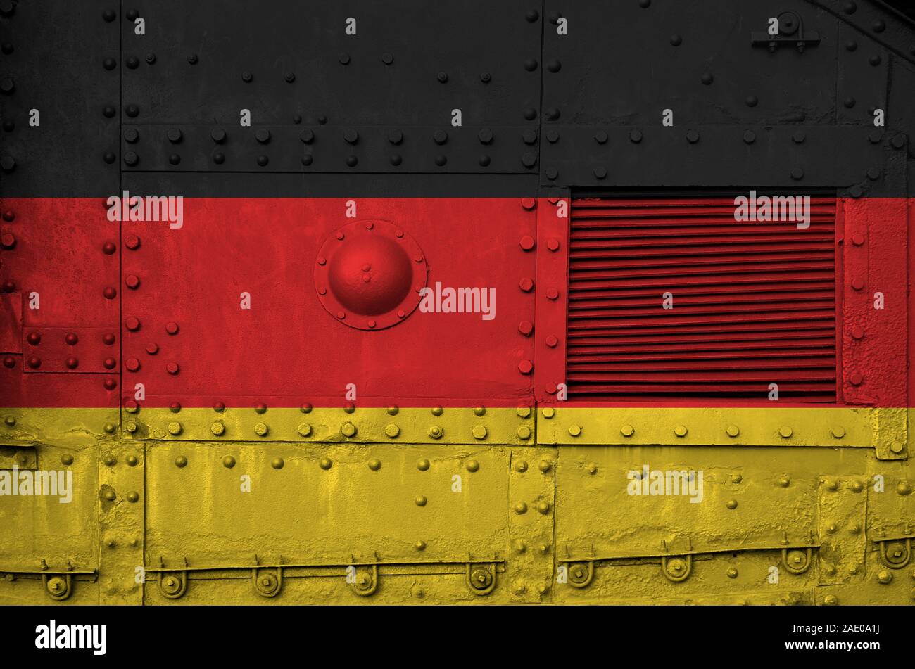 Germany flag depicted on side part of military armored tank close up ...