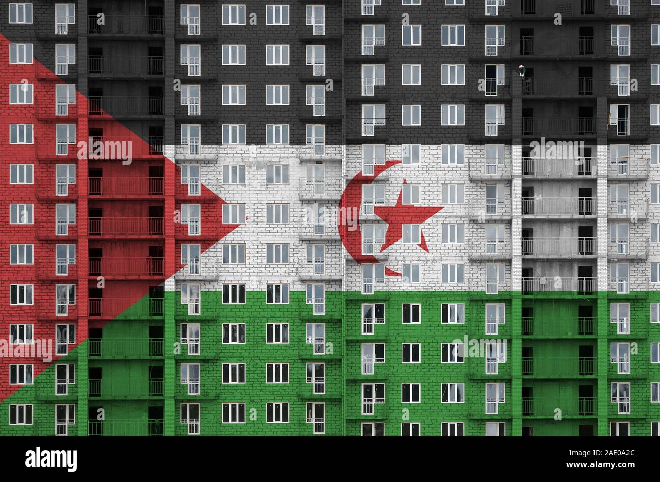 Western Sahara flag depicted in paint colors on multi-storey residental ...