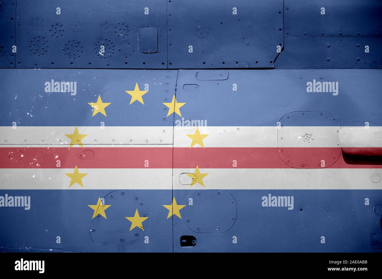 Cabo verde flag depicted on side part of military armored helicopter ...