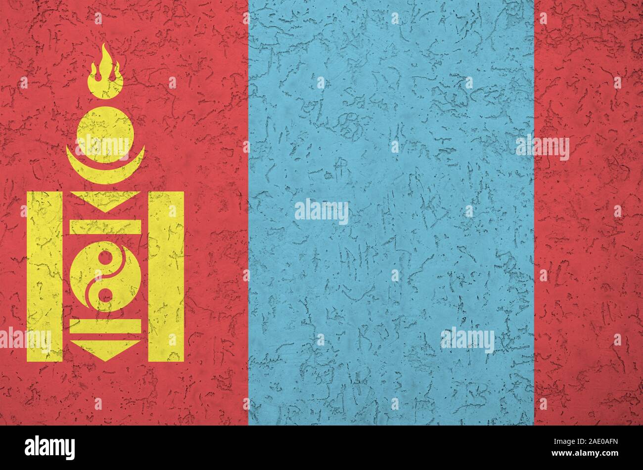 Mongolia flag depicted in bright paint colors on old relief plastering ...