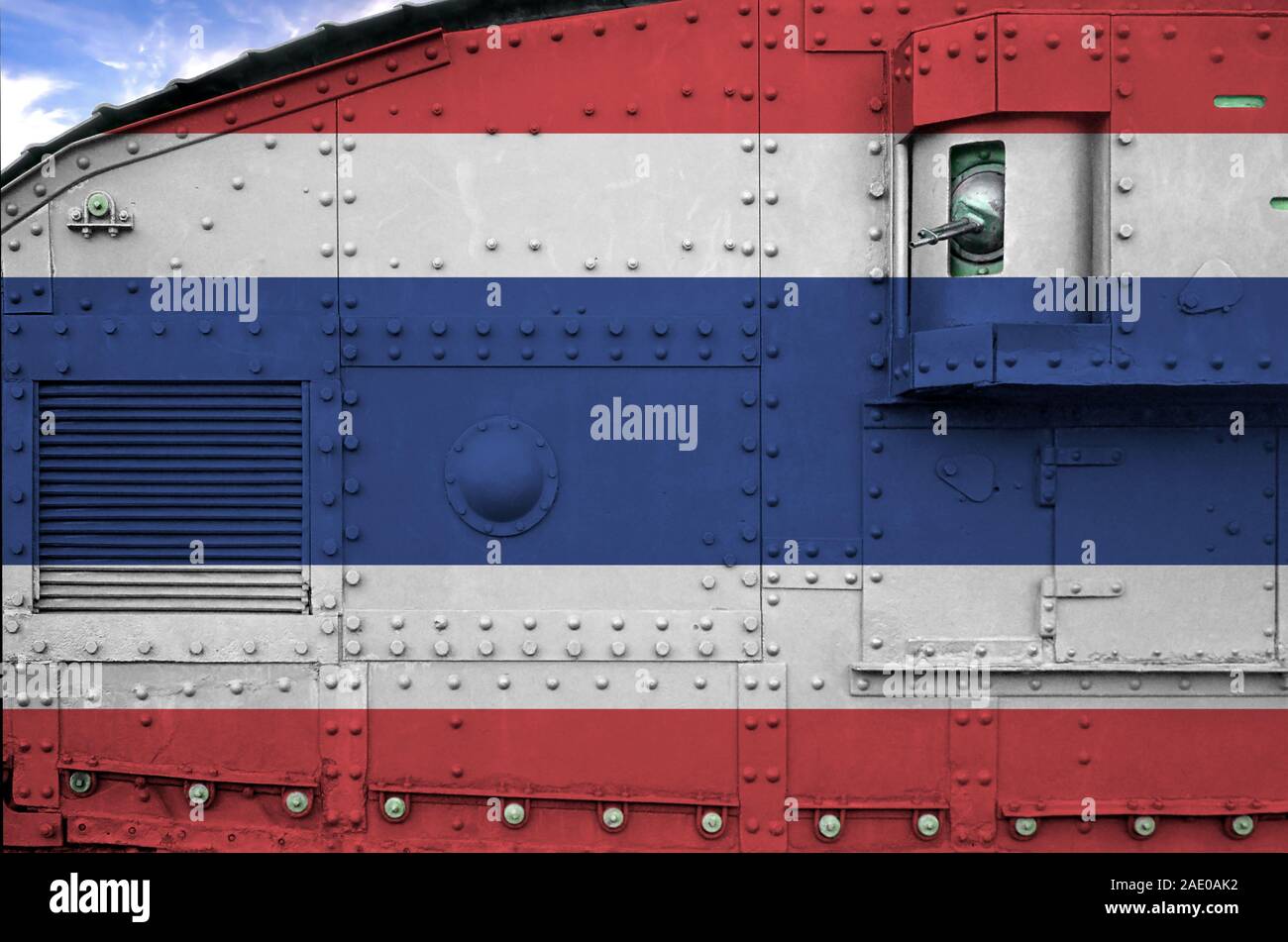 Thailand flag depicted on side part of military armored tank close up ...