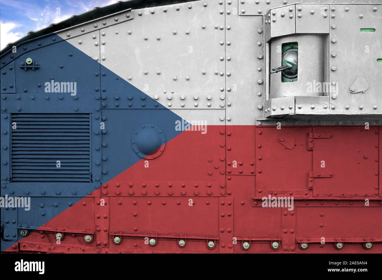 Czech flag depicted on side part of military armored tank close up ...