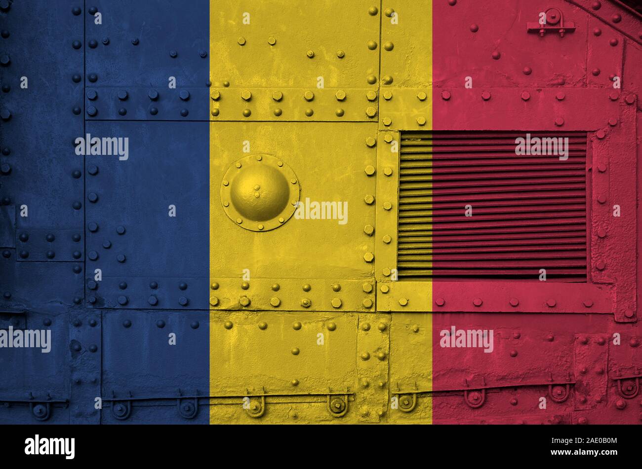 Chad flag depicted on side part of military armored tank close up. Army ...
