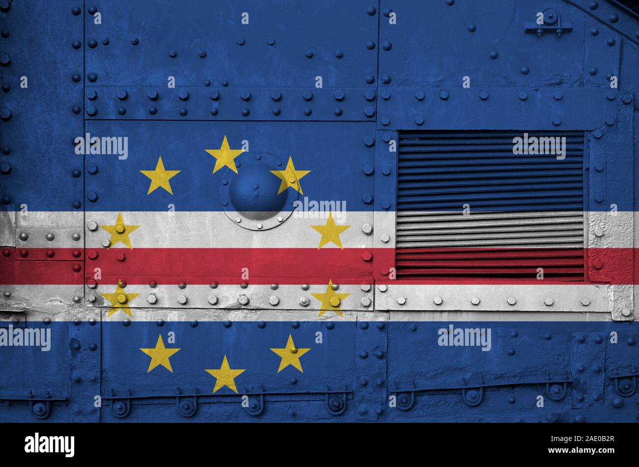 Cabo verde flag depicted on side part of military armored tank close up ...