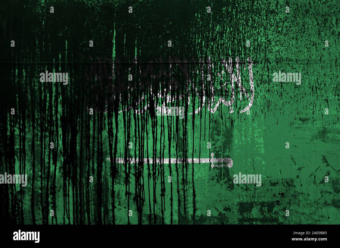 Saudi Arabia flag depicted in paint colors on old and dirty oil barrel ...