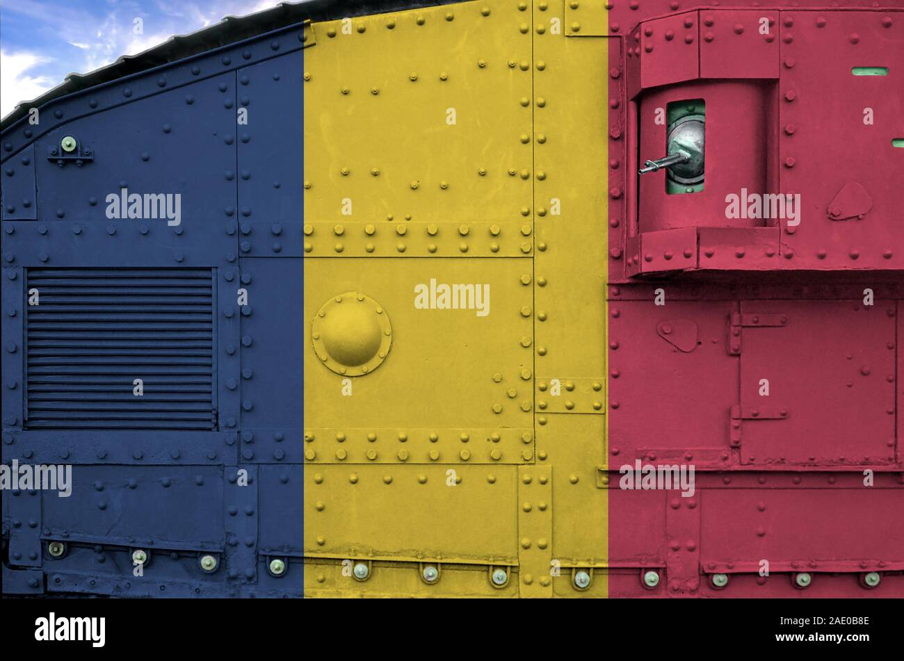 Chad flag depicted on side part of military armored tank close up. Army ...