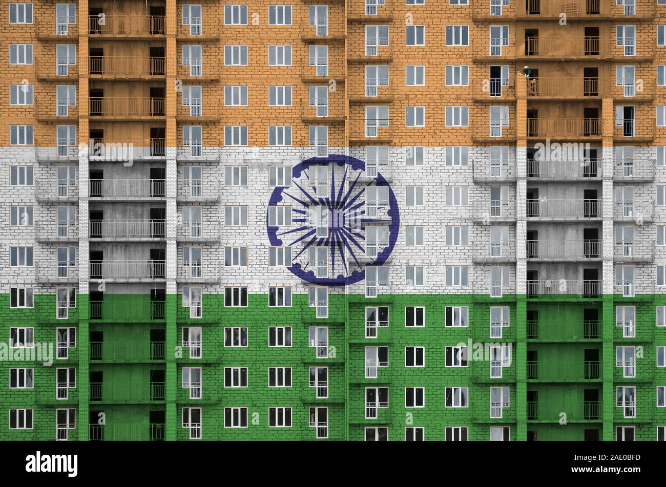 India flag depicted in paint colors on multi-storey residental building ...