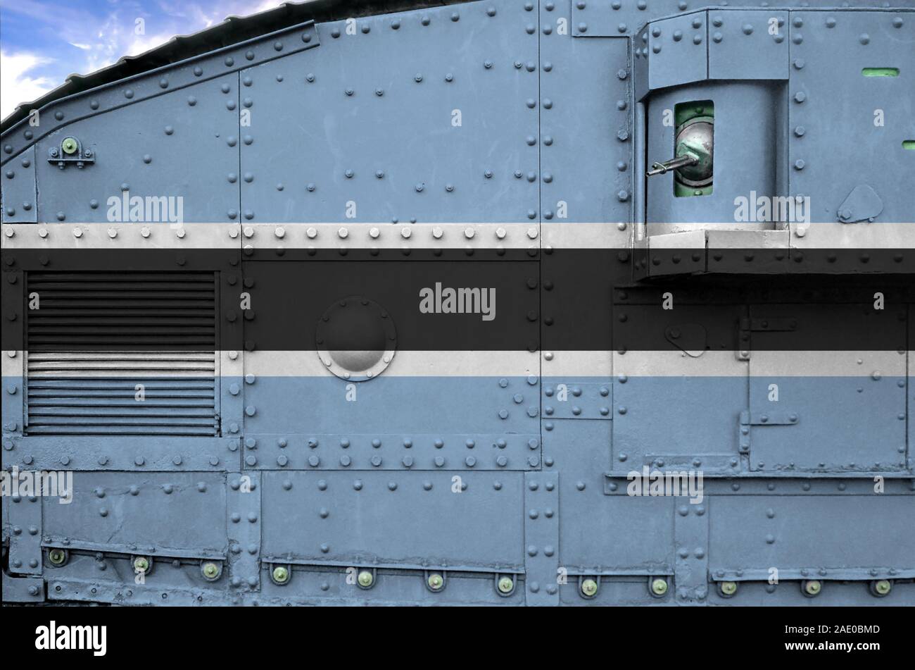 Botswana flag depicted on side part of military armored tank close up ...