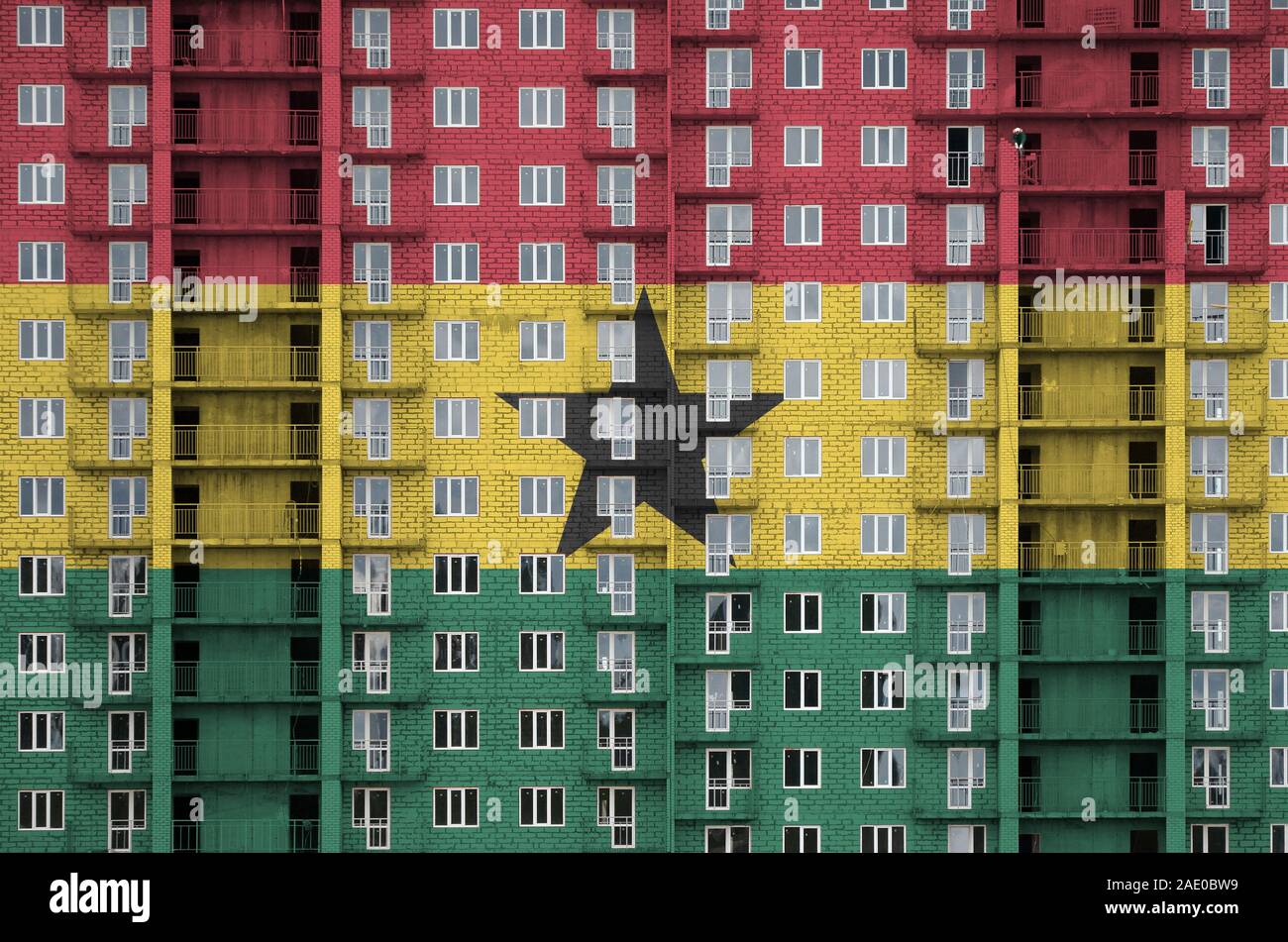 Ghana flag depicted in paint colors on multi-storey residental building ...