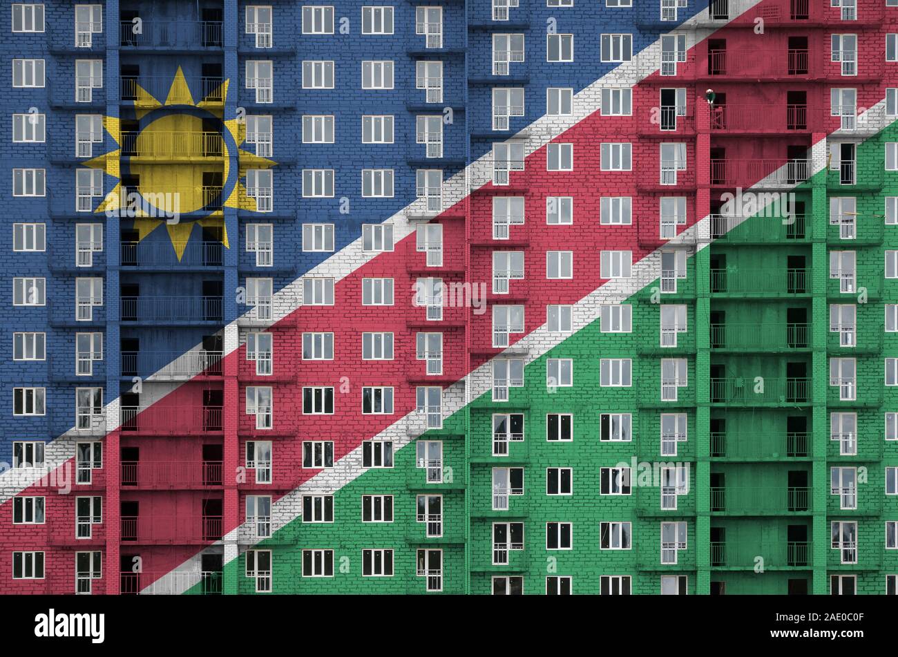 Namibia flag depicted in paint colors on multi-storey residental ...